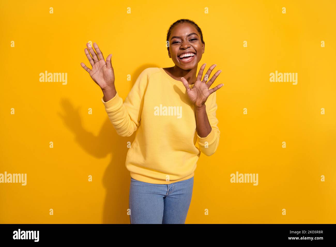 Portrait of attractive ecstatic cheerful girl dancing having fun moving ...
