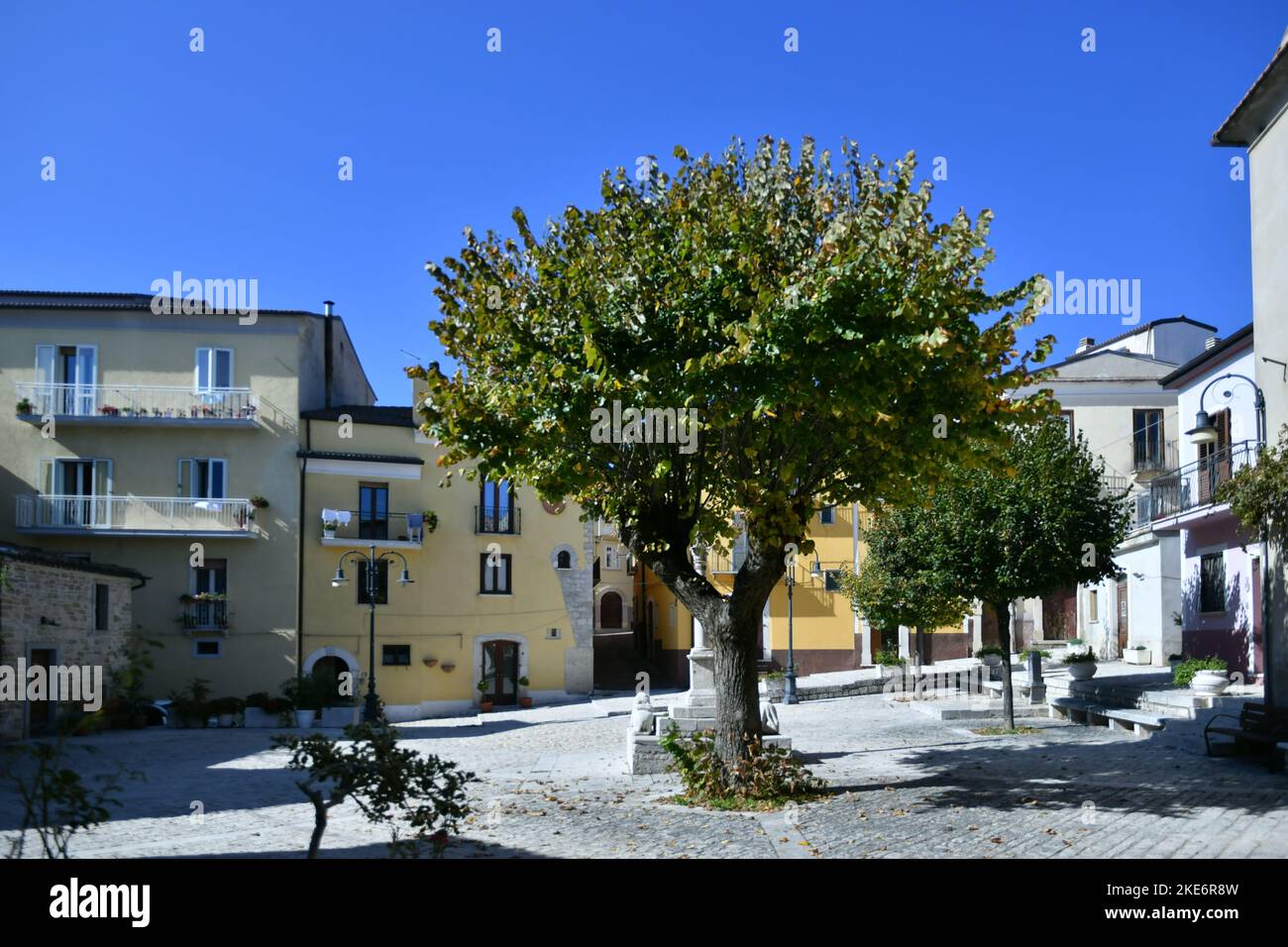A small square in Frosolone, a medieval village in the Molise region of ...