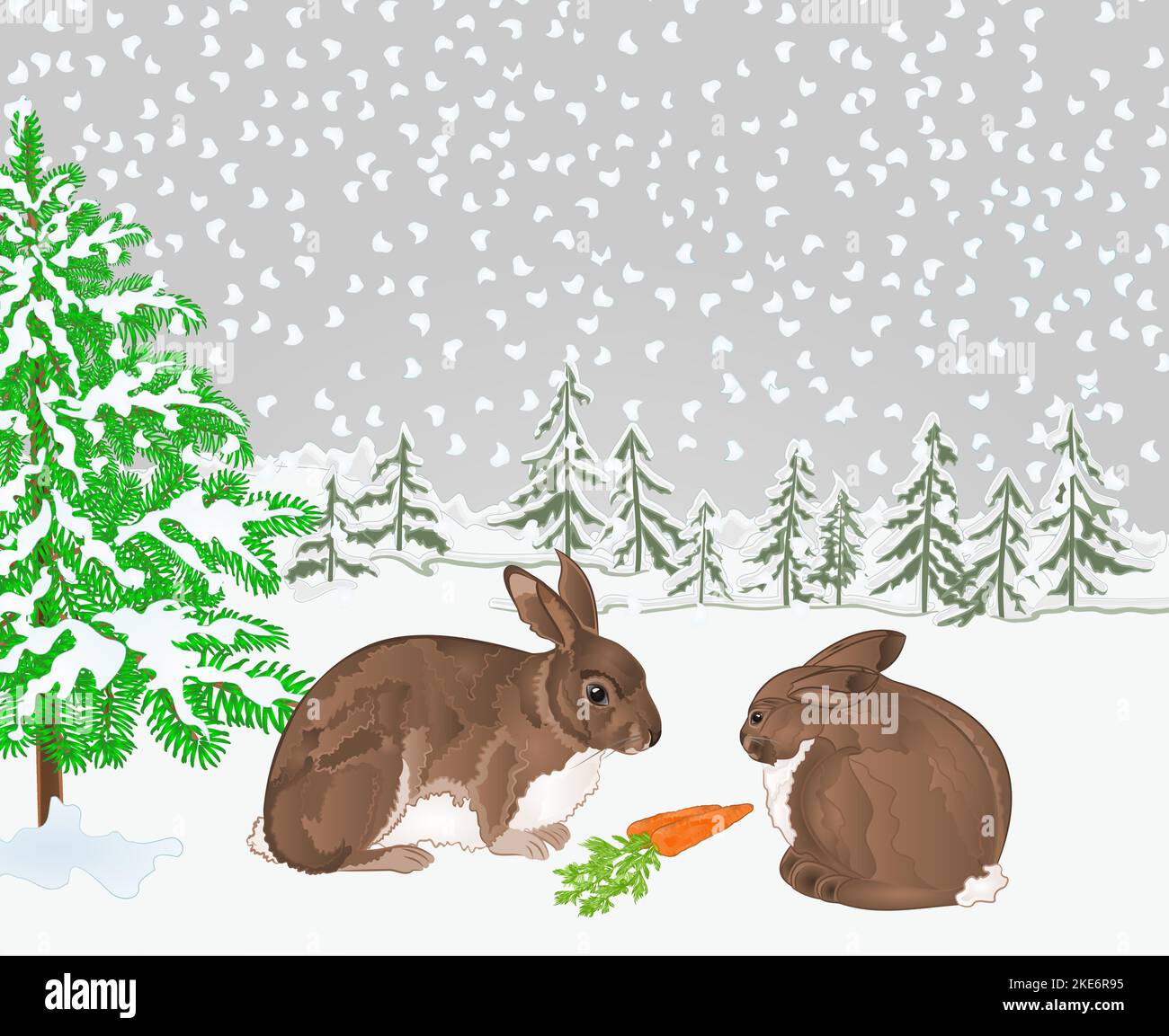 Winter landscape forest with snow with a branch of a tree and rabbits ...