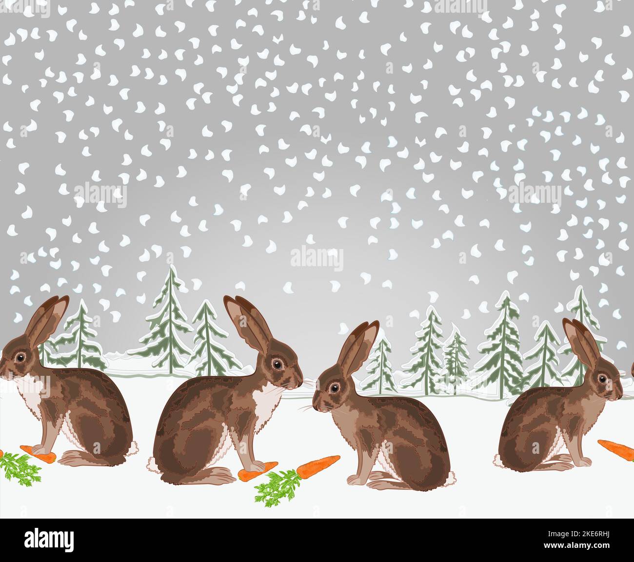 Border winter landscape forest with snow with and hares christmas theme ...