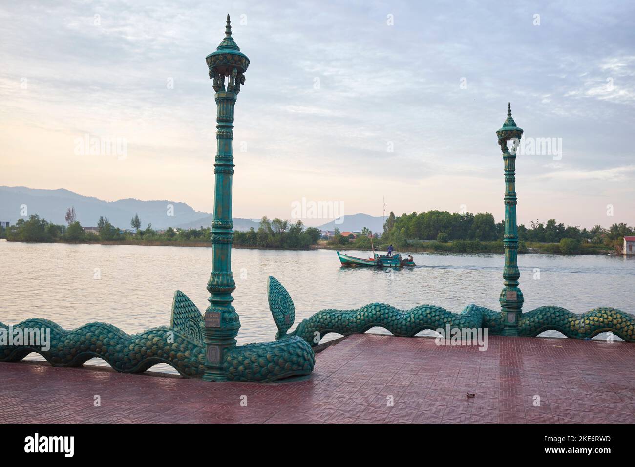 Fishing Boat seen from Wat Traeuy Kaoh with Ornate Lamp Lights along ...