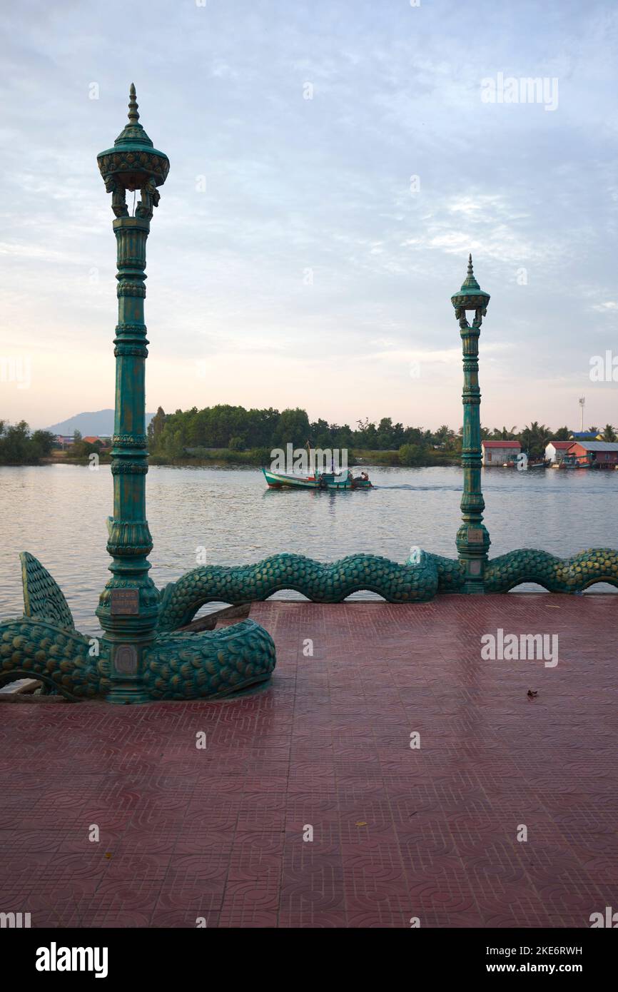 Fishing Boat seen from Wat Traeuy Kaoh with Ornate Lamp Lights along ...