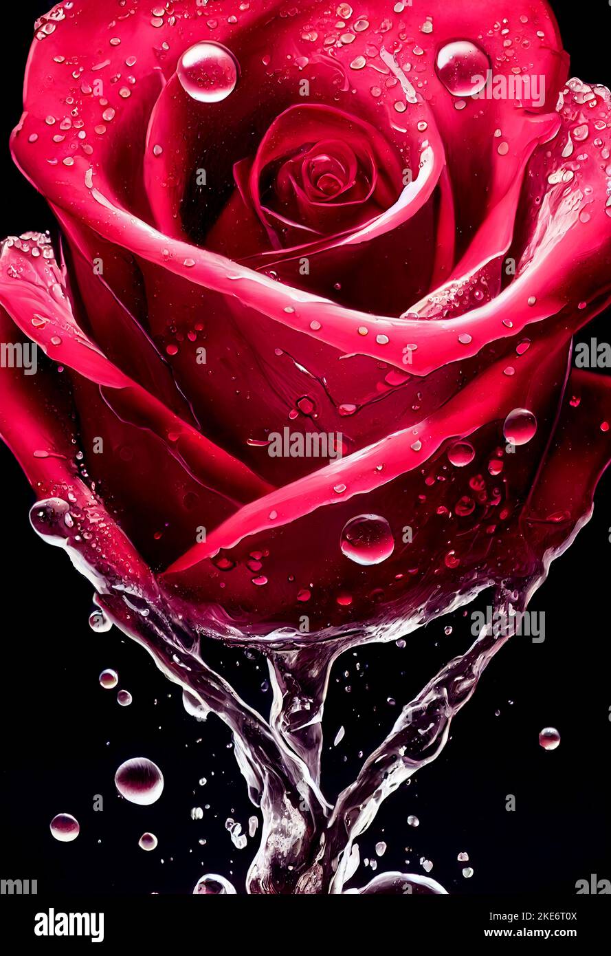 A vertical shot of beautiful water splash textures on a red single rose ...