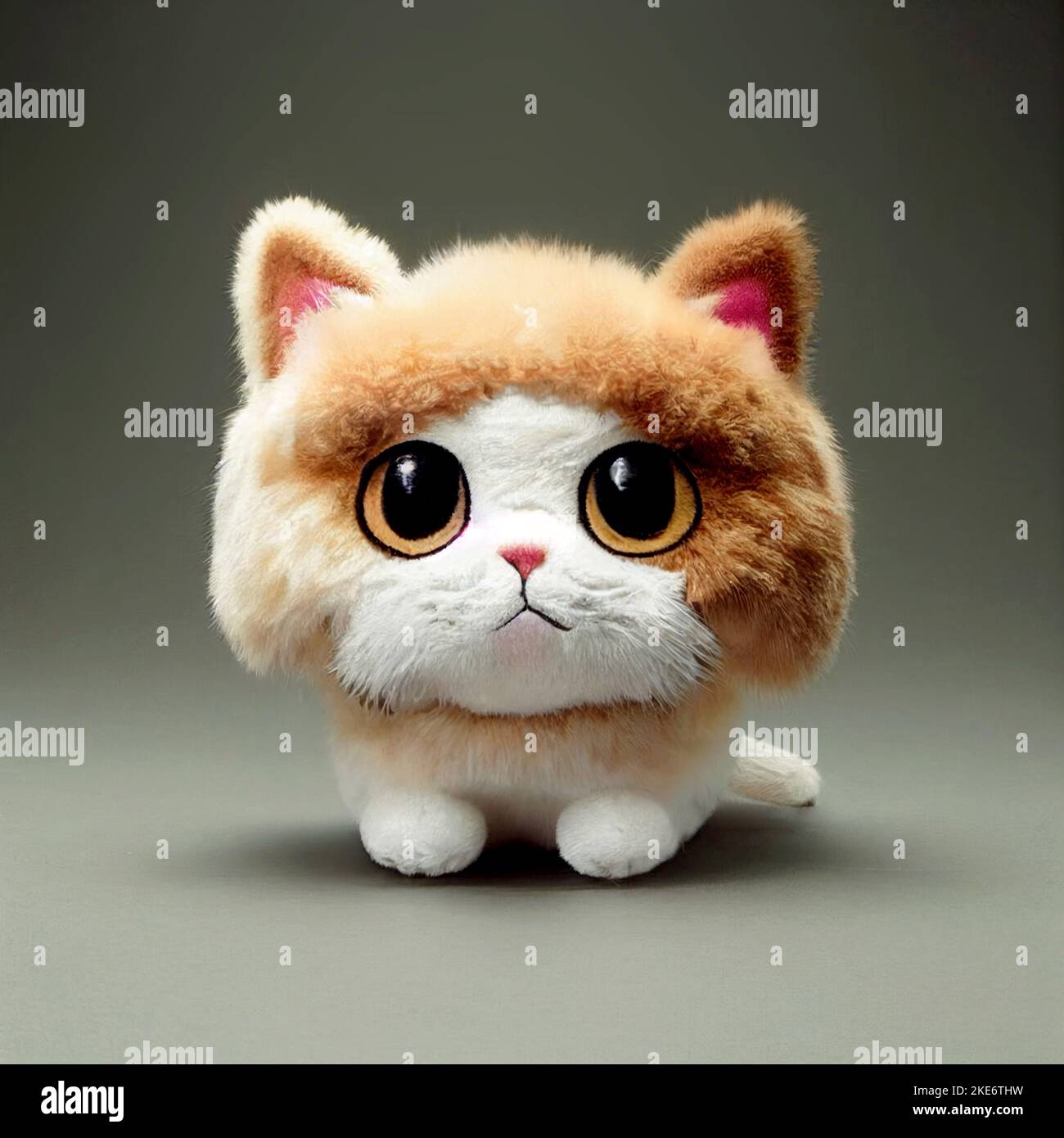 A vertical shot of a cute furry toy kitten with big eyes on a grey ...