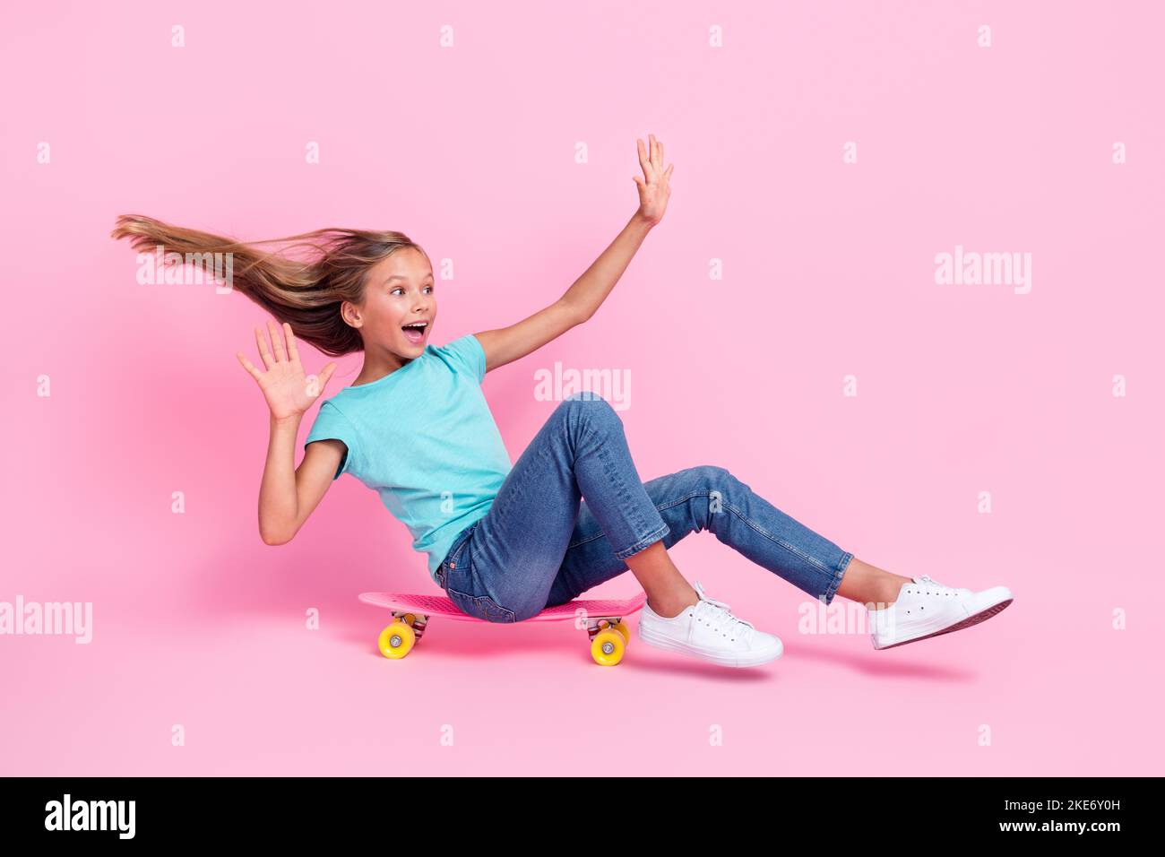 Full length photo of pretty impressed small kid wear turquoise t-shirt ...