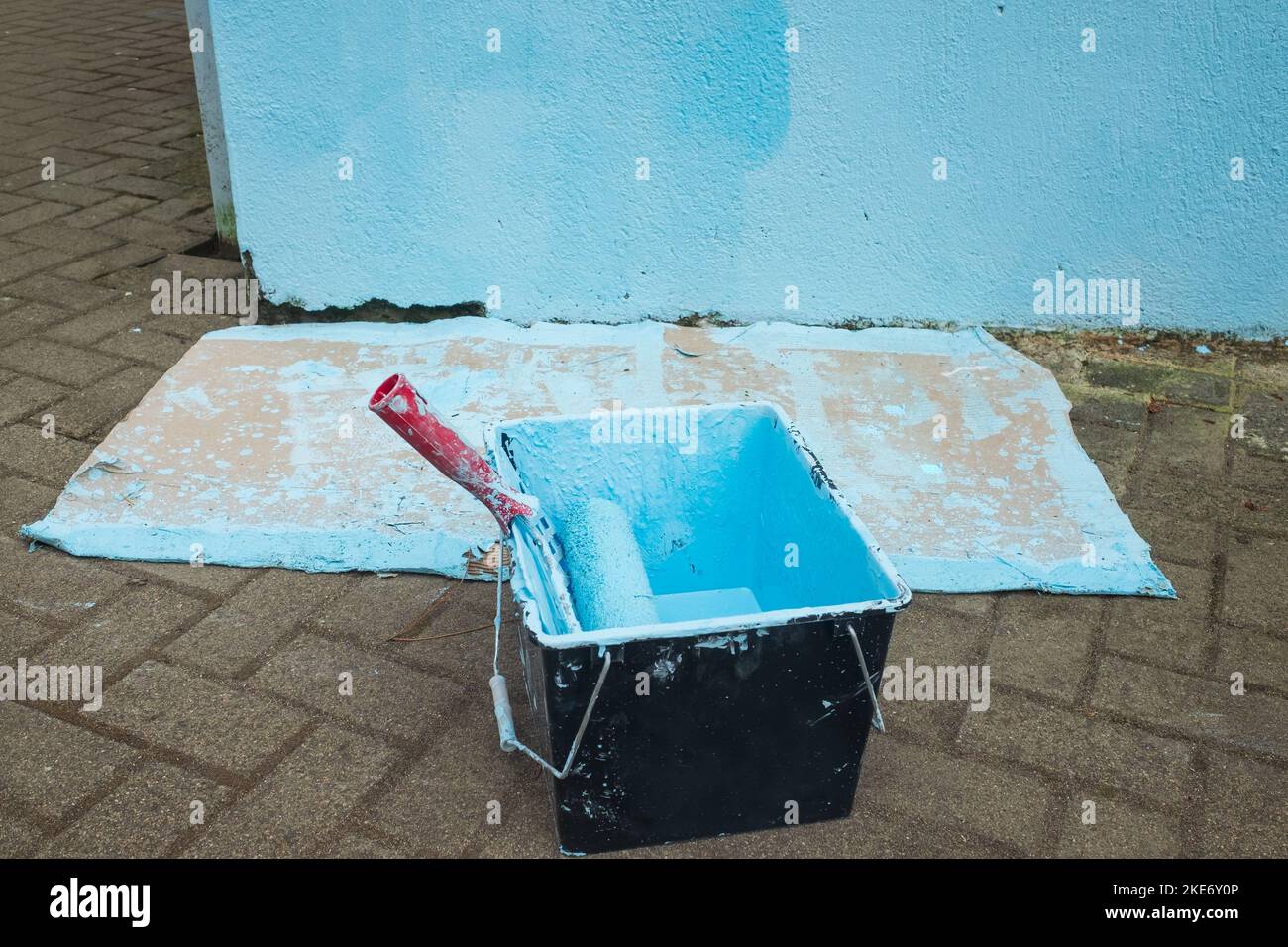 Roller with blue paint. DIY concept. incorrect wall painting Stock ...