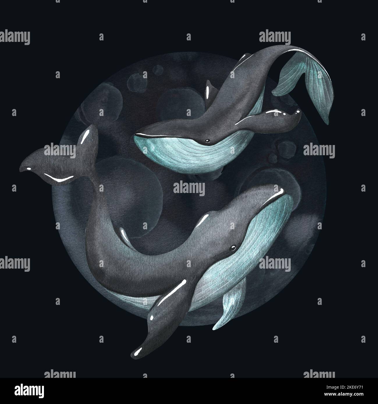 Black whales with turquoise color on a black background with the moon. Watercolor illustration ...