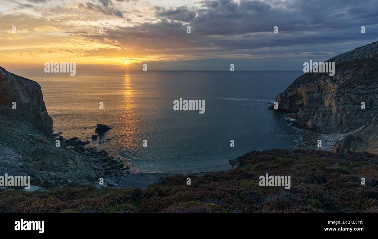 coast near Cap de la Chevre with heather covered landscape at sunset ...