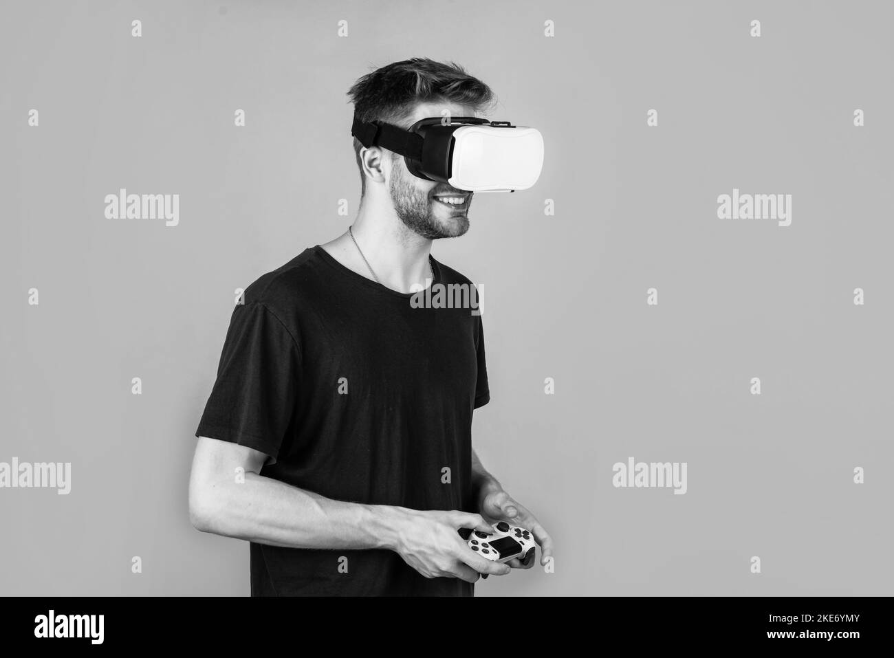 Enjoying new reality. male in wireless headset. guy use modern ...