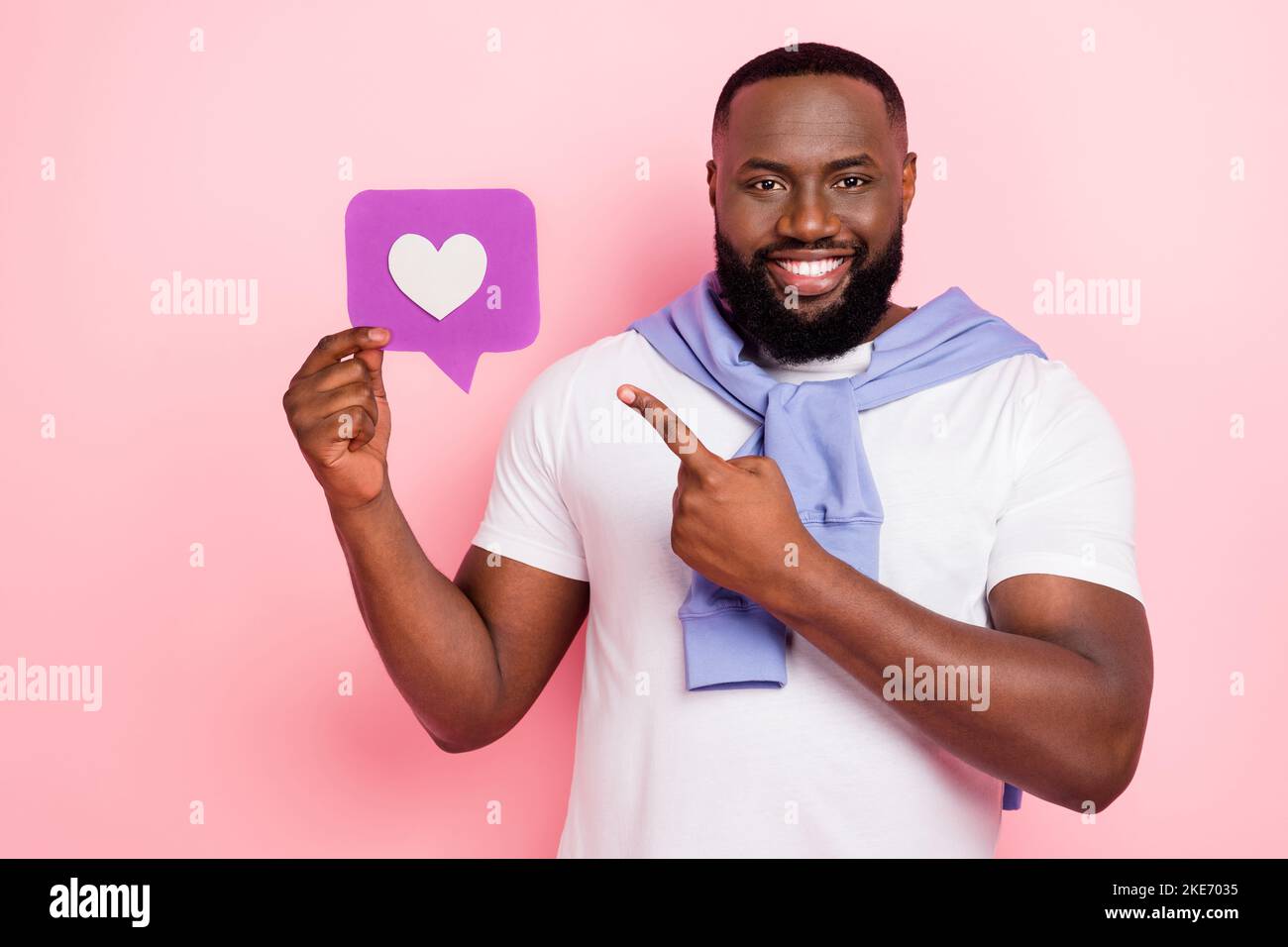 Portrait of young good mood famous influencer blogger show like button ...