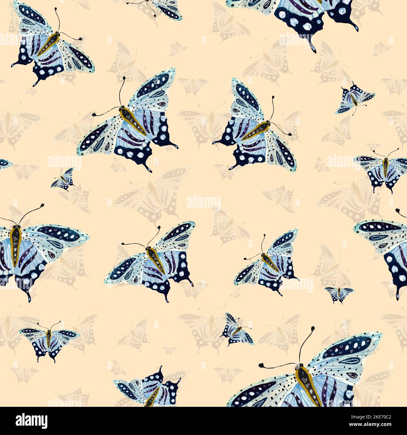 Butterfly blue a watercolor ornate pattern beige Stock Photo - Alamy