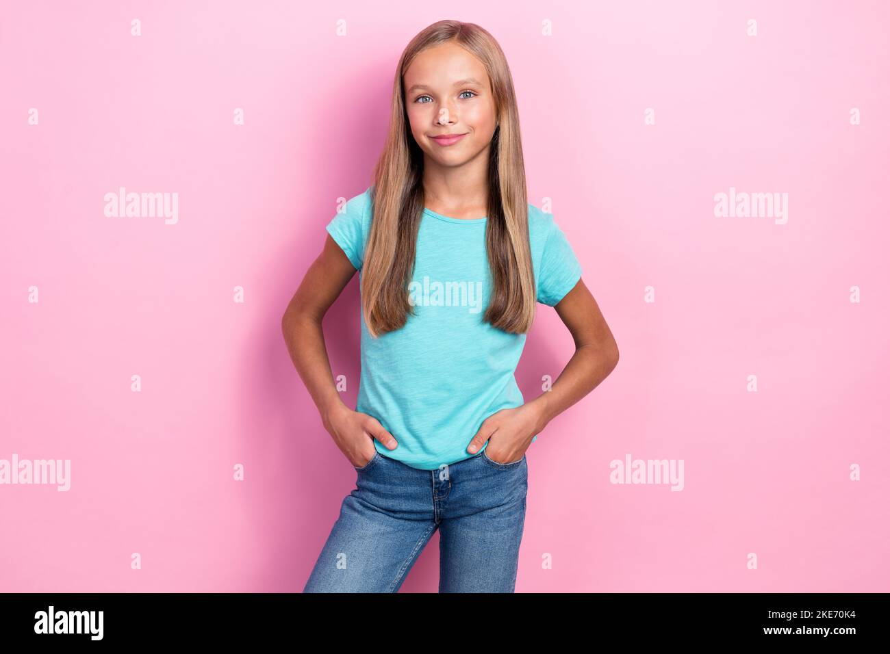 Photo of small cute girlish pretty schoolkid pupil girl wear stylish ...