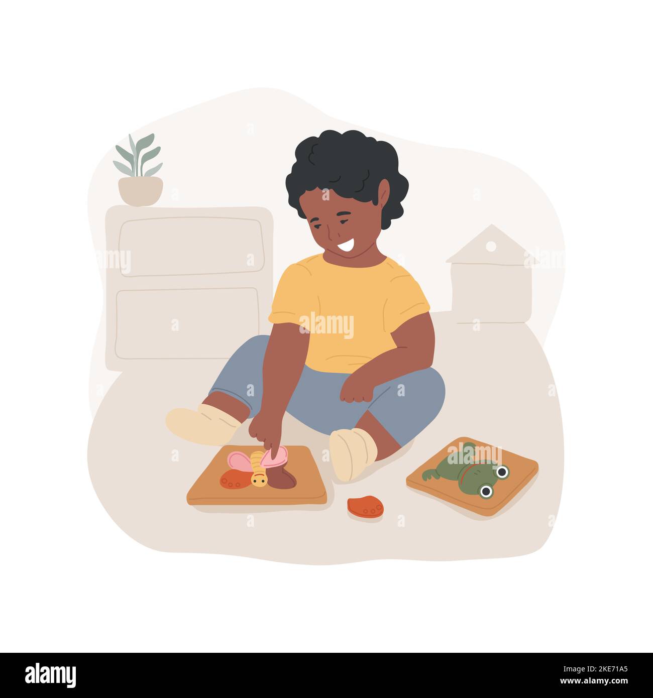 Wooden puzzles isolated cartoon vector illustration. Happy toddler ...