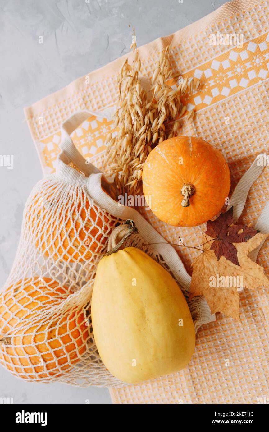Mesh shopping bag with vegetables. Autumn pumpkin harvest Stock Photo ...