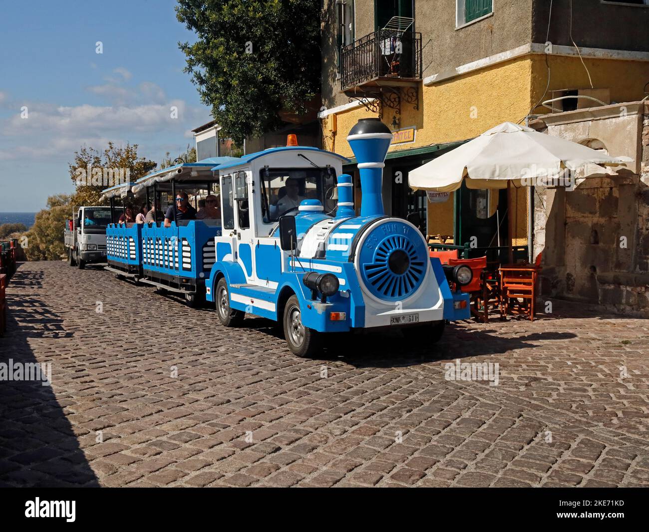 Fun train, Molyvos to Petra trips. . October 2-022. Autumn Stock Photo ...