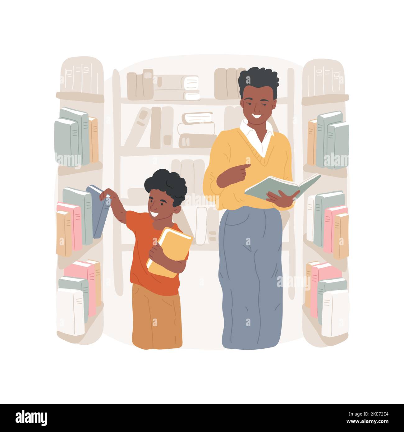 Get books in a library isolated cartoon vector illustration. Child with ...