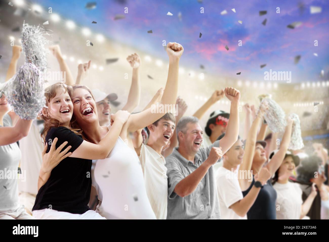Football supporter on stadium in black and white shirt. Happy fans on ...