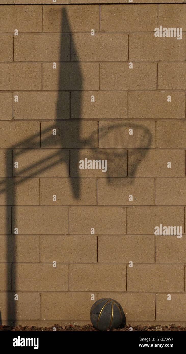 A vertical closeup of a sunlit brick wall with basketball backboard ...