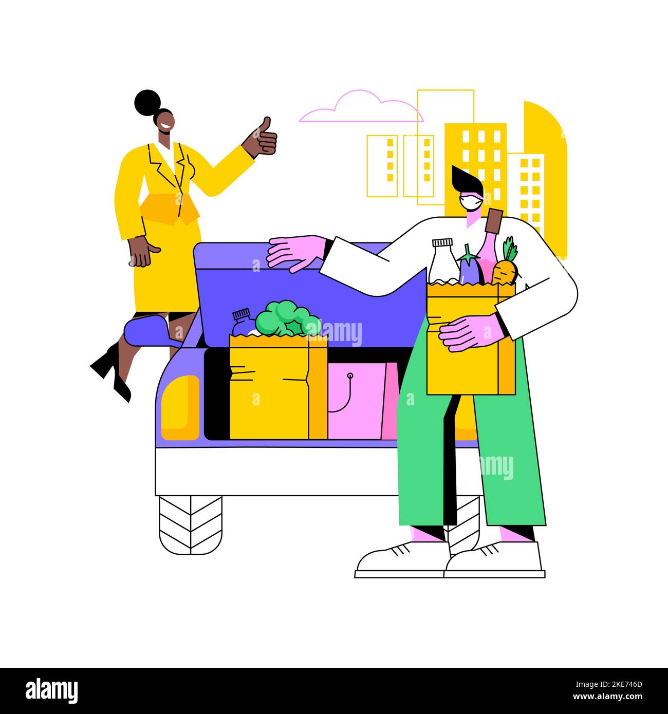 Loading groceries isolated cartoon vector illustrations. Smiling worker ...