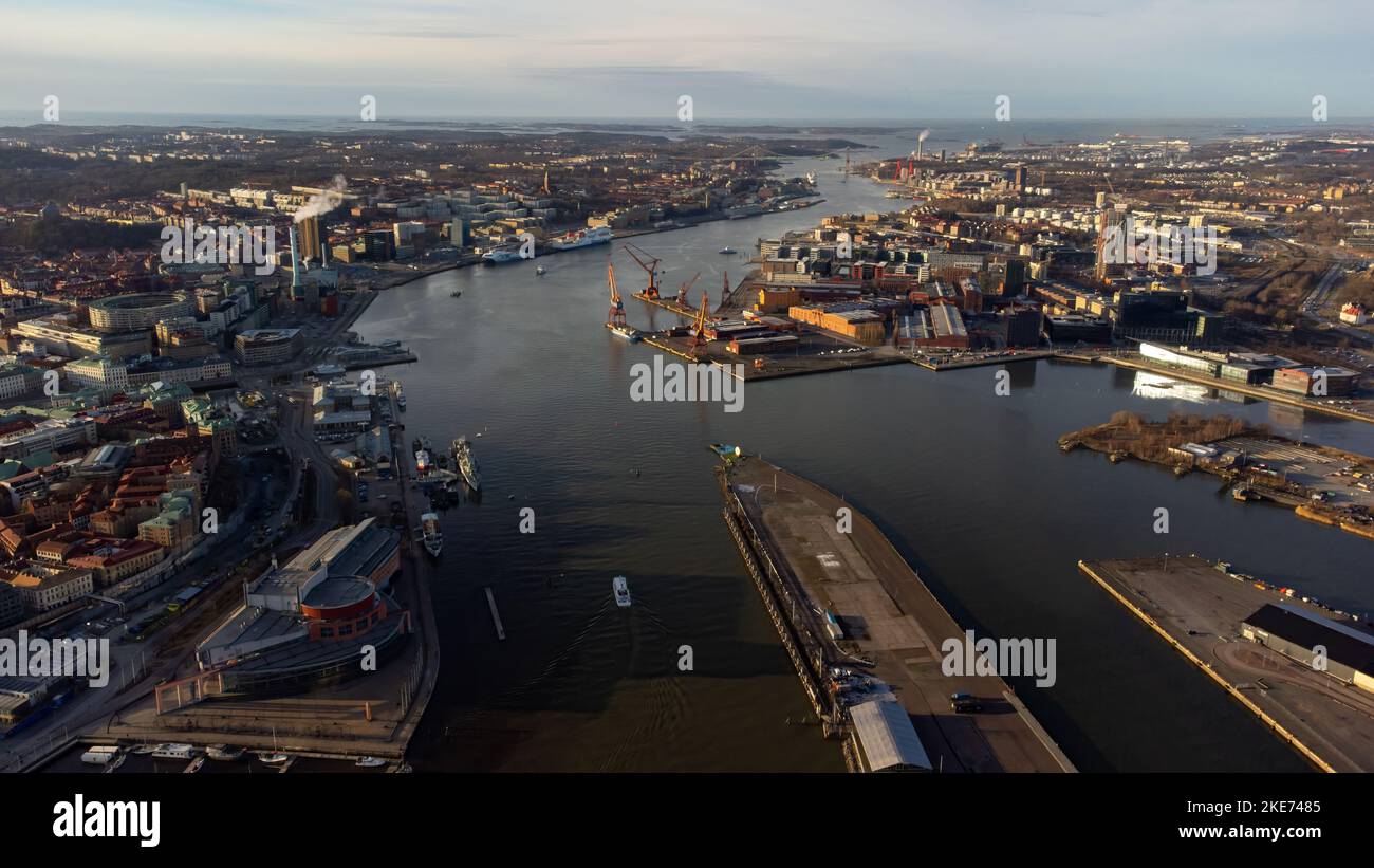 An aerial of the Bay of Kiel with the cityscape view, cloudy, sunlit ...