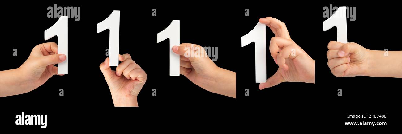 Number one in a hand isolated on a black background. Big set. Number ...