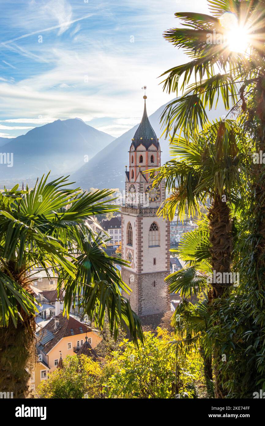 View over cityscape with Cathedral Saint Nikolaus of Merano, South ...