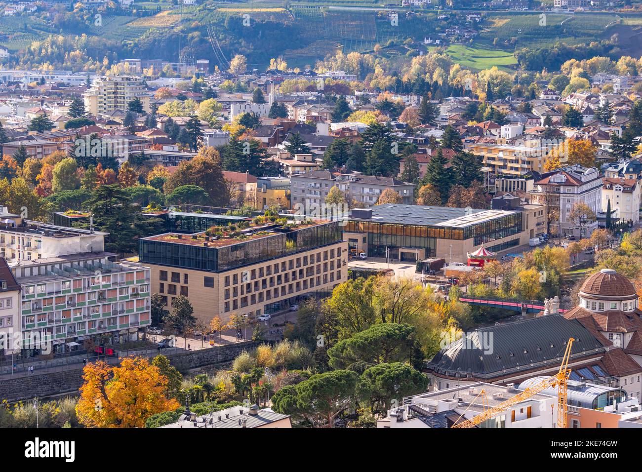 Merano, South tyrol, Italy - 08 November 2022 View over over Kurhaus ...