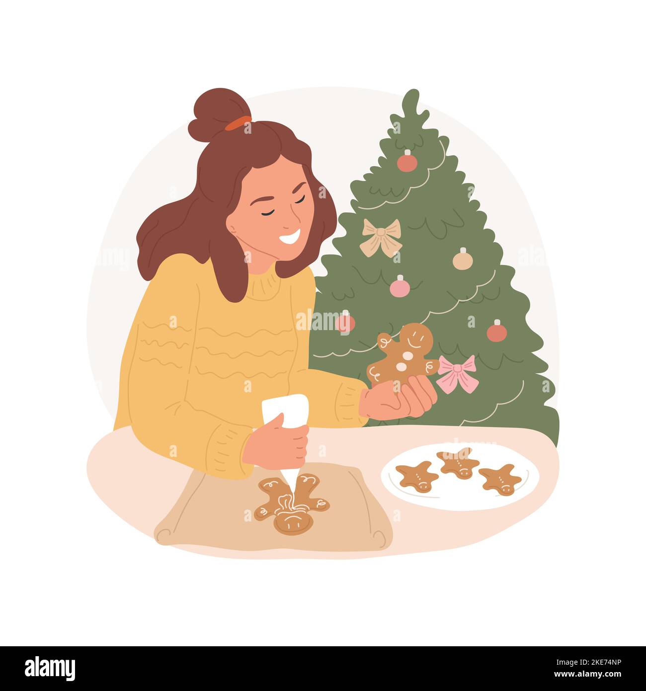 Decorating Gingerbread man isolated cartoon vector illustration. Young ...