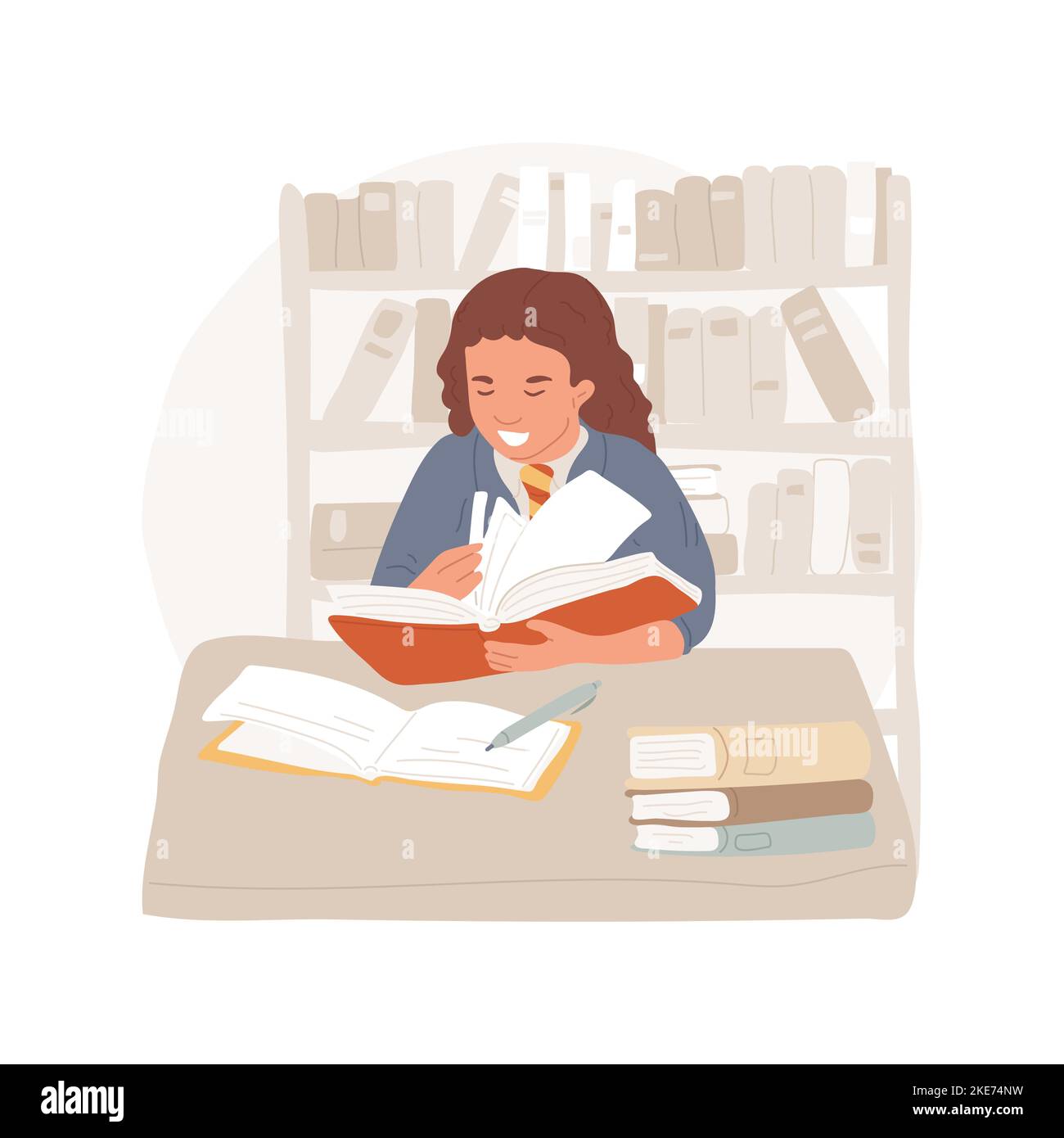 School library isolated cartoon vector illustration. Child sitting and ...