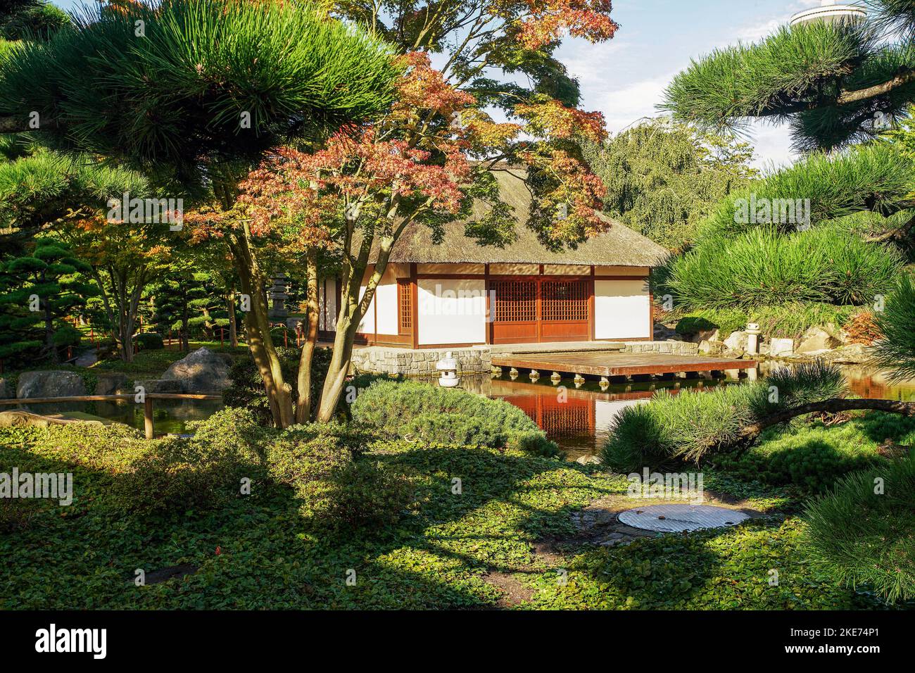 Tea house and magnificent nature in the Japanese garden of Hamburg in ...