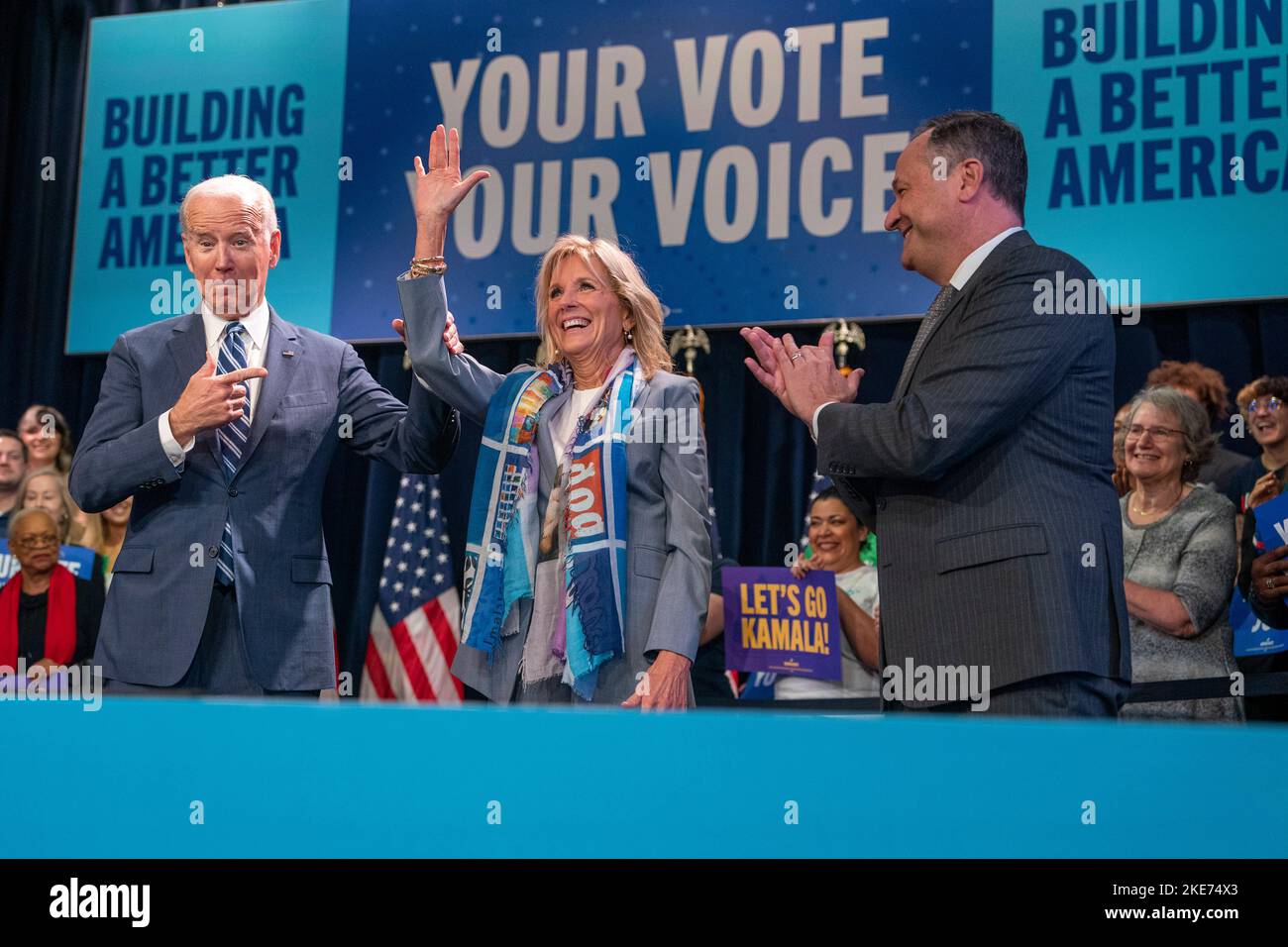 President Joe Biden points to first lady Dr. Jill Biden, and Second ...
