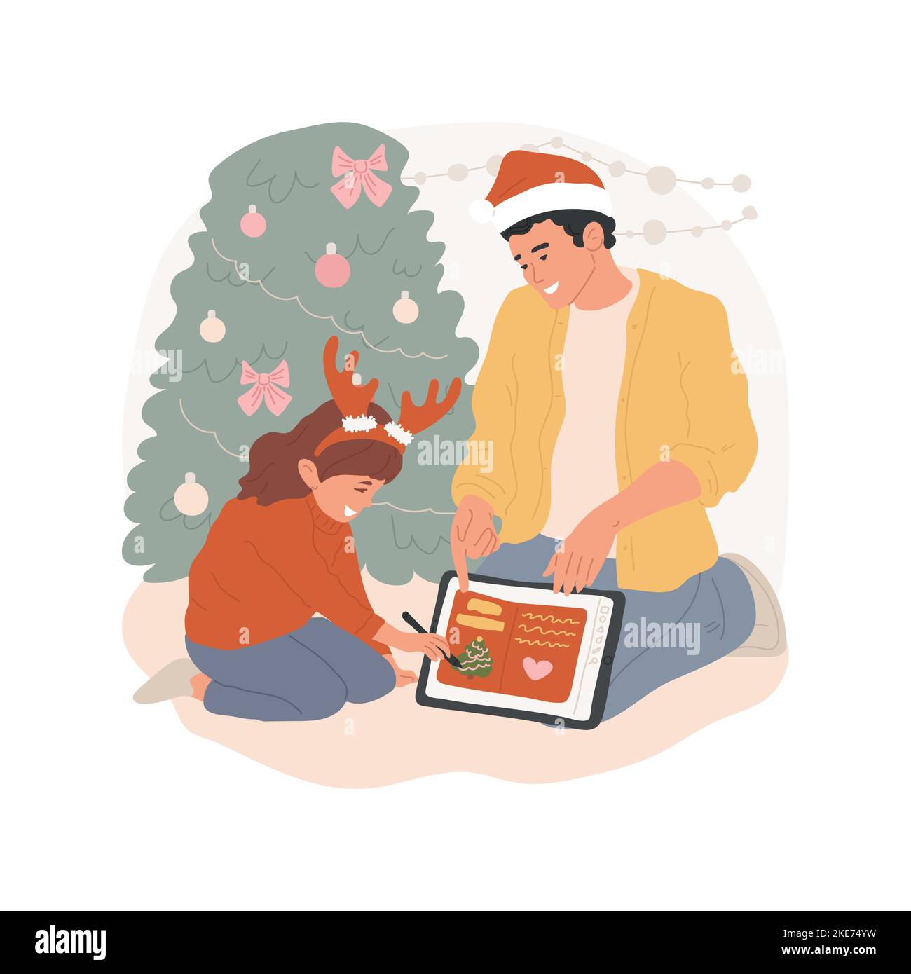 Drawing e-cards isolated cartoon vector illustration. Smiling father ...