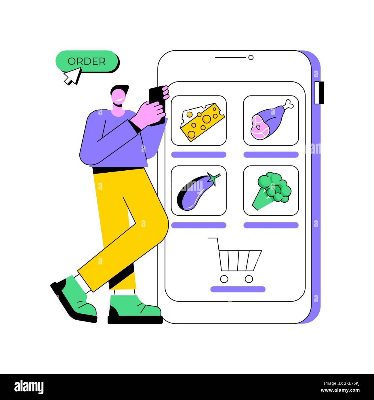 Making order online isolated cartoon vector illustrations. Young man holding phone in hands and ...
