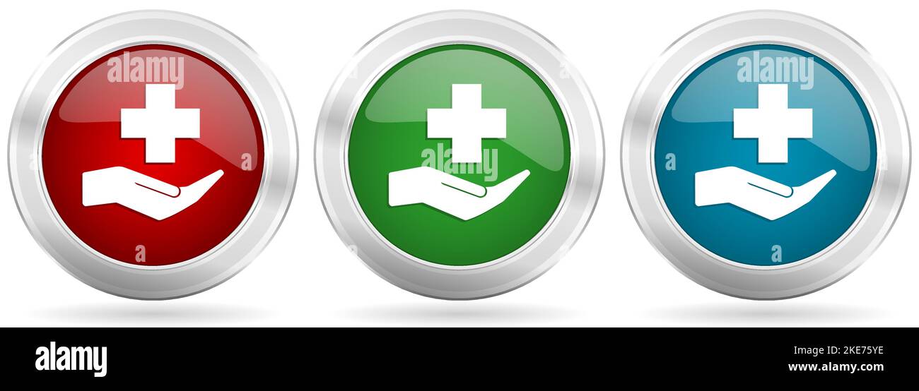 Hospital, medical help vector icon set. Red, blue and green silver ...