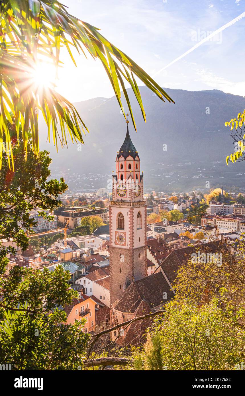 View over cityscape with Cathedral Saint Nikolaus of Merano, South ...