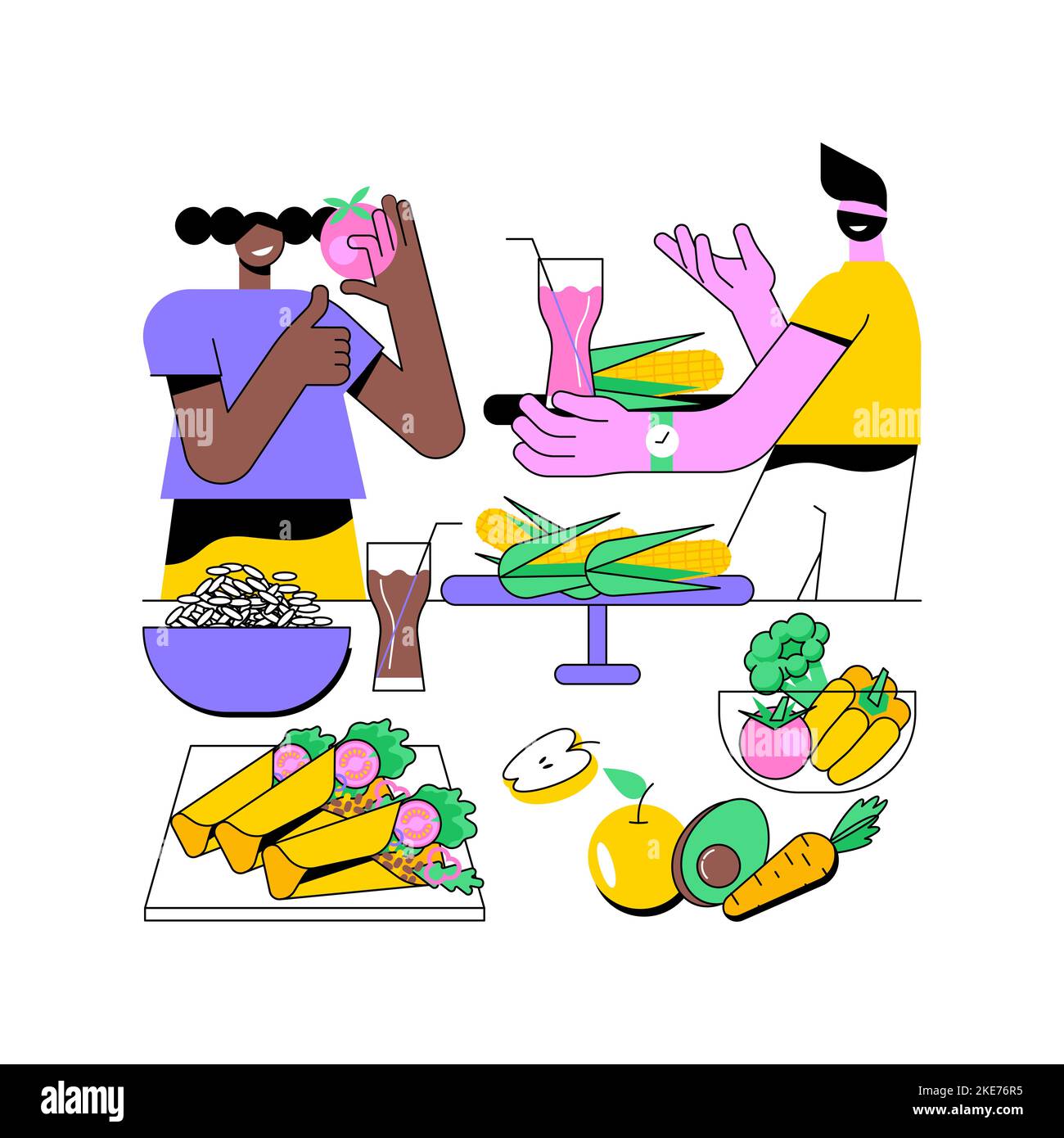 Vegetarian buffet isolated cartoon vector illustrations. Group of happy people dining at ...