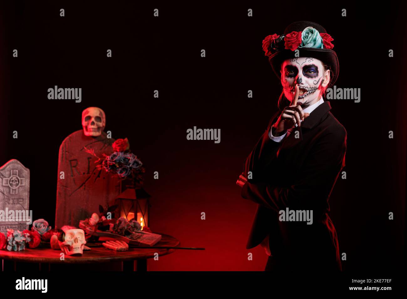Santa muerte doing hush secret sign in studio, looking like goddess of ...
