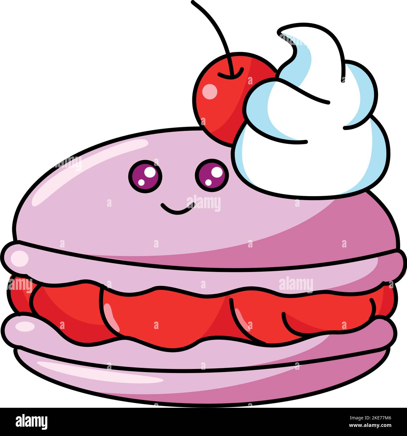 A beautiful pink cartoon cake with red cherry and cream on top on a ...