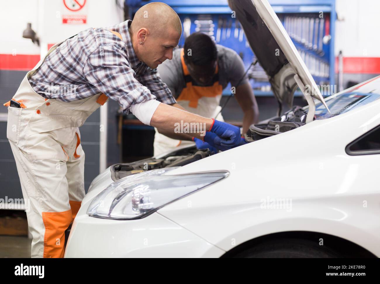 Car mechanic looking at open car hood for internal checking Stock Photo ...