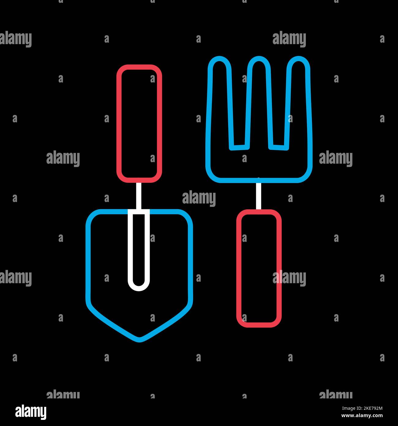 Gardening tools set vector on black background icon. Shovel, pitchfork ...