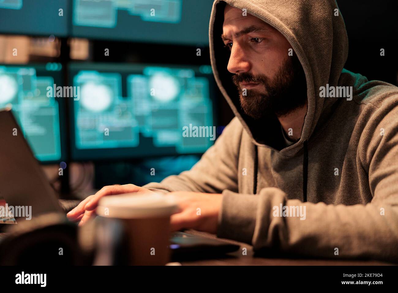 Dangerous IT criminal working on security breach, creating cyber attack on big data server ...