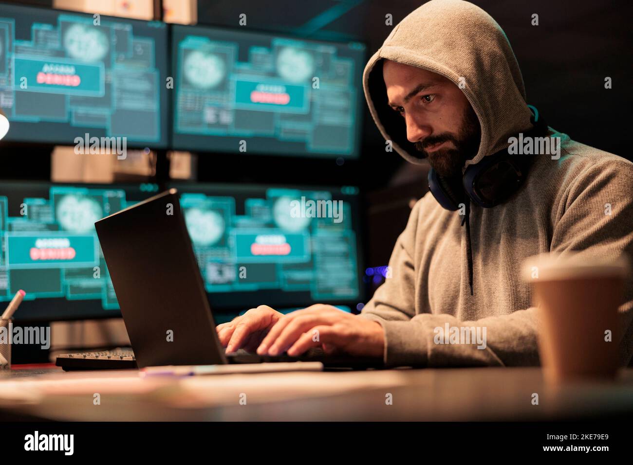 Young Man Hacking Password To Break Interface Security Using Virus To