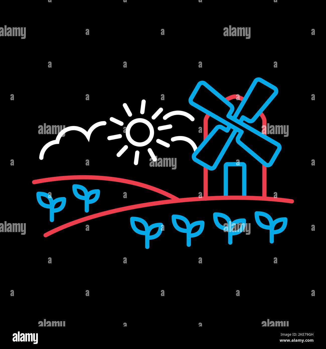 Rural landscape with windmill on black background icon. Agriculture ...