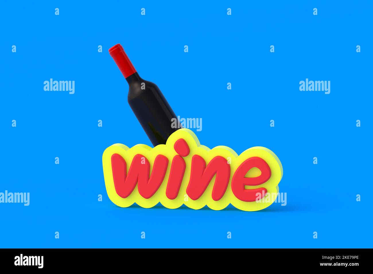 Word wine near bottle on blue background. 3d render Stock Photo - Alamy