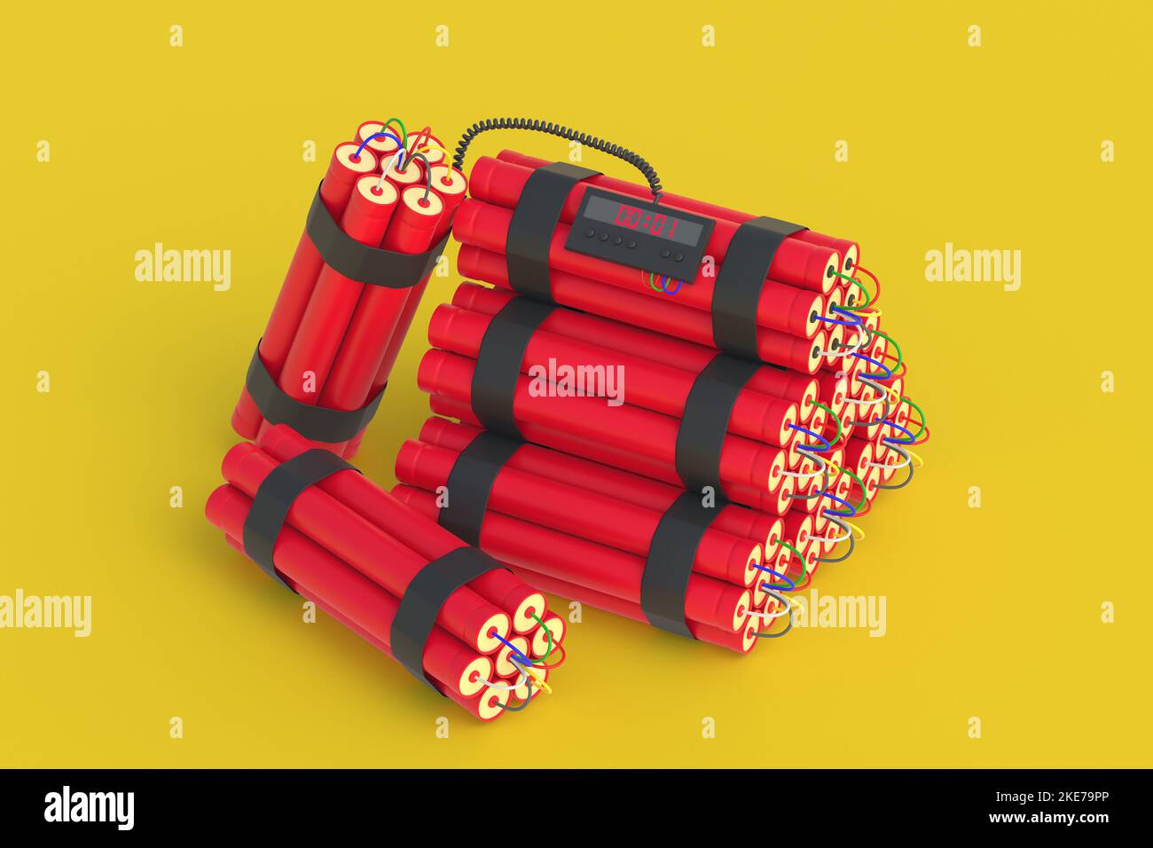 Stack of dynamite bombs with digital timer on yellow background ...