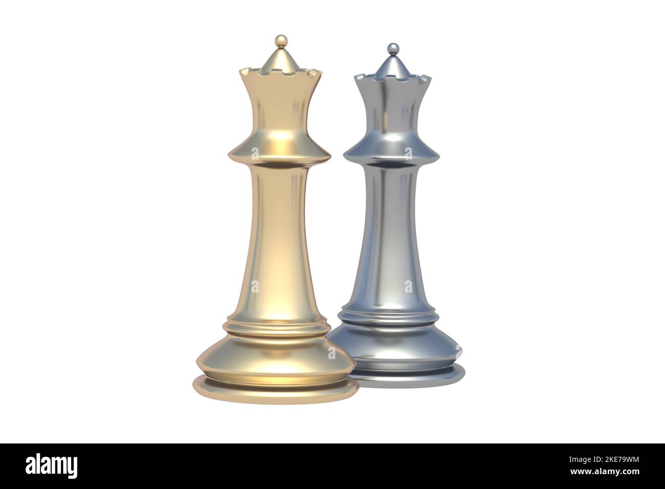 Golden and silver chess figures queen isolated on white background. 3d ...