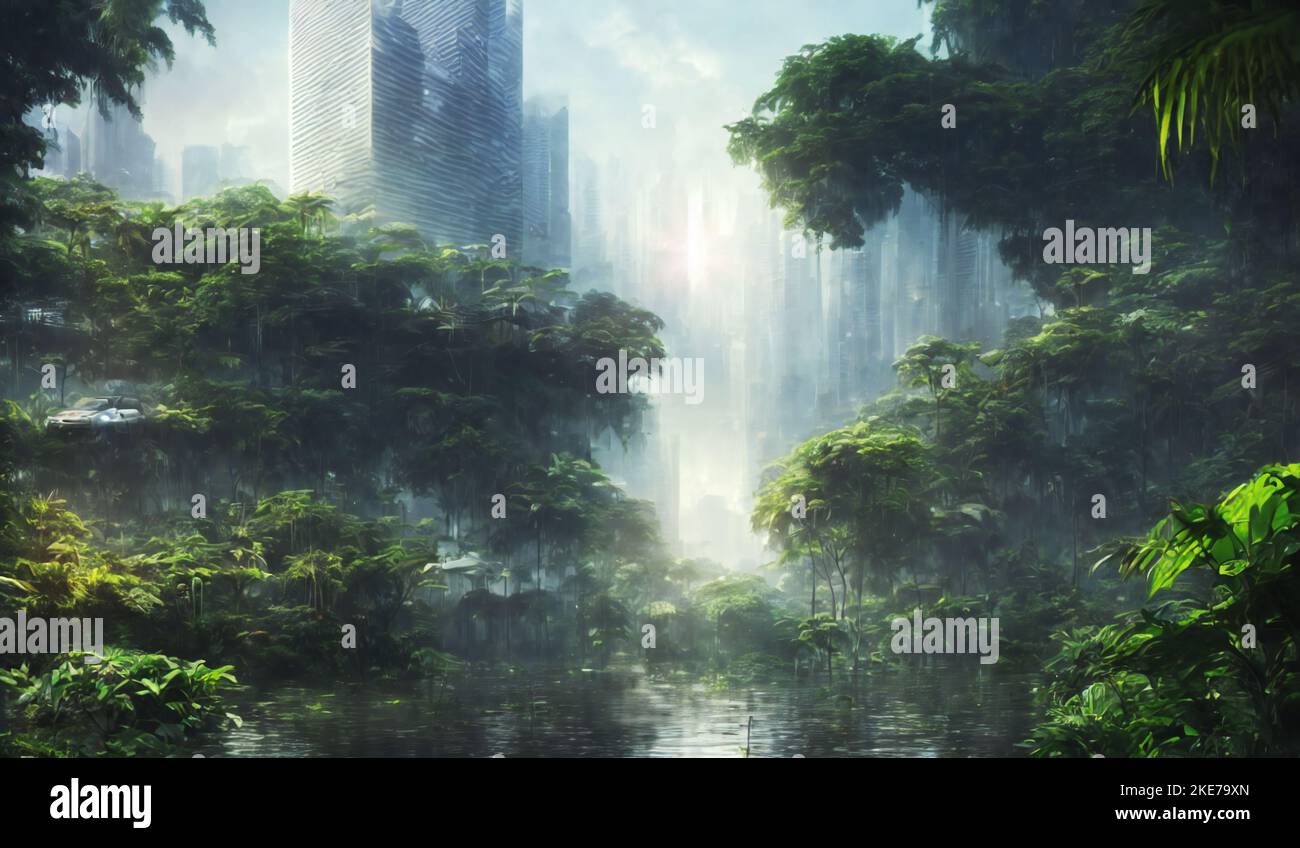 overgrown post-apocalyptic city, flooded cityscape Stock Photo - Alamy