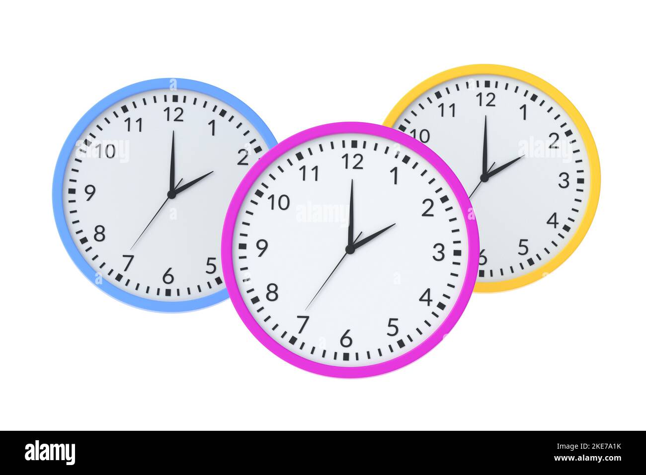 Three stylish wall clocks isolated on white background. 3d render Stock ...