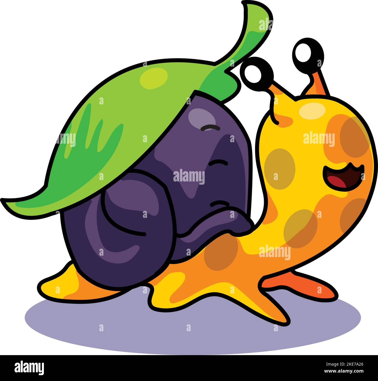 A joyful cartoon snail under the purple shell with a leaf on the top on ...