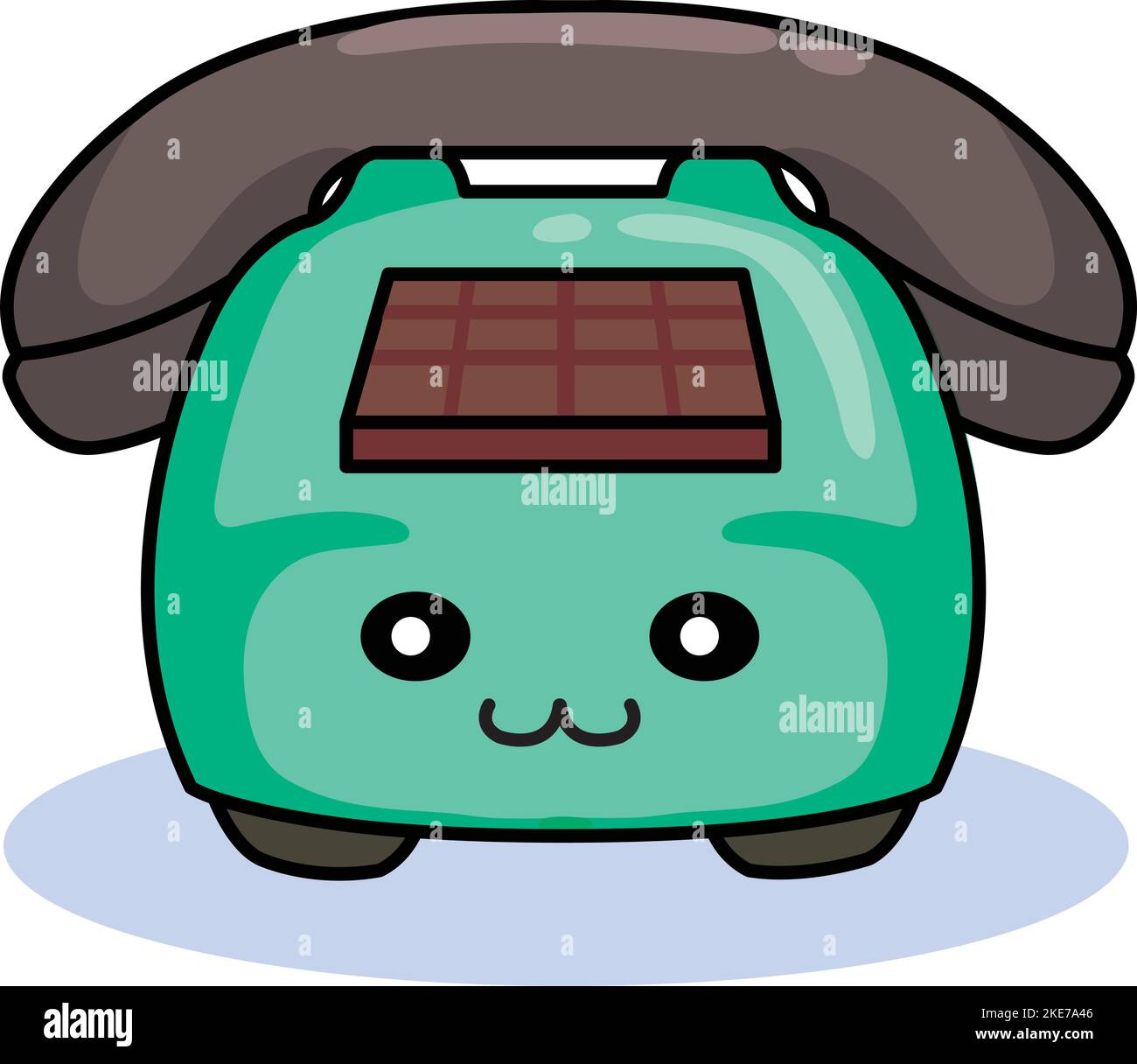 A green cartoon landline telephone with a cute expression and shiny ...